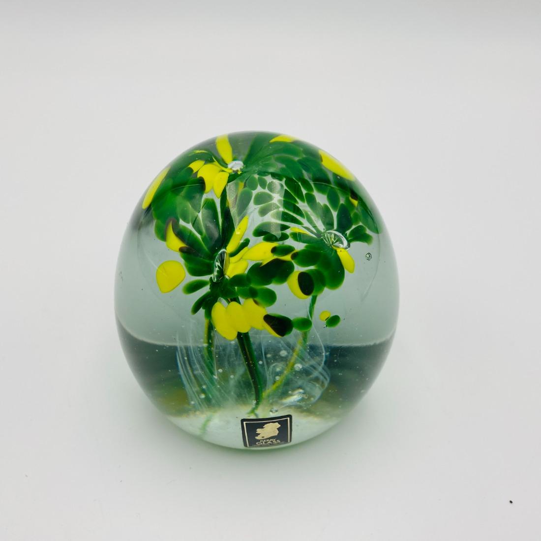 Kerry Glass Handmade Ireland Art Glass Paperweight Green and Yellow Flowers