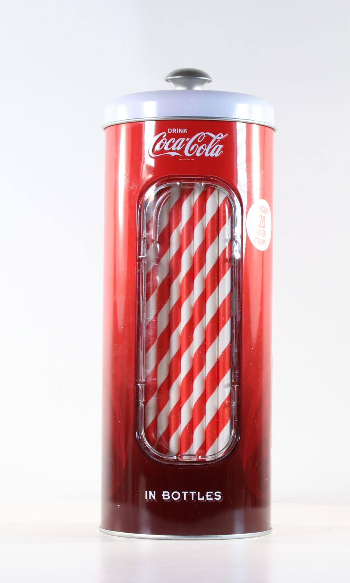 Retro Coca-Cola Tin Straw Holder Canister With 20 Sealed Pack Paper ...