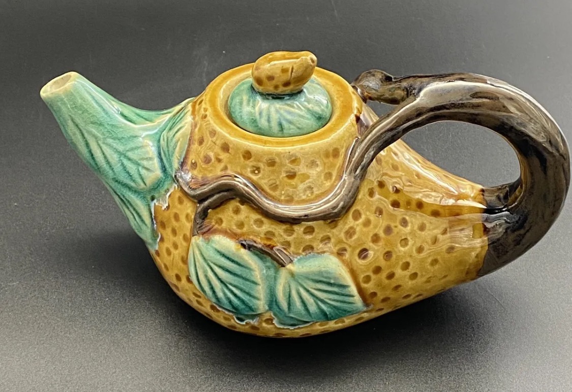 Chinese Miniature Majolica Teapot Glazed Ceramic Monkey Pod Tree Design