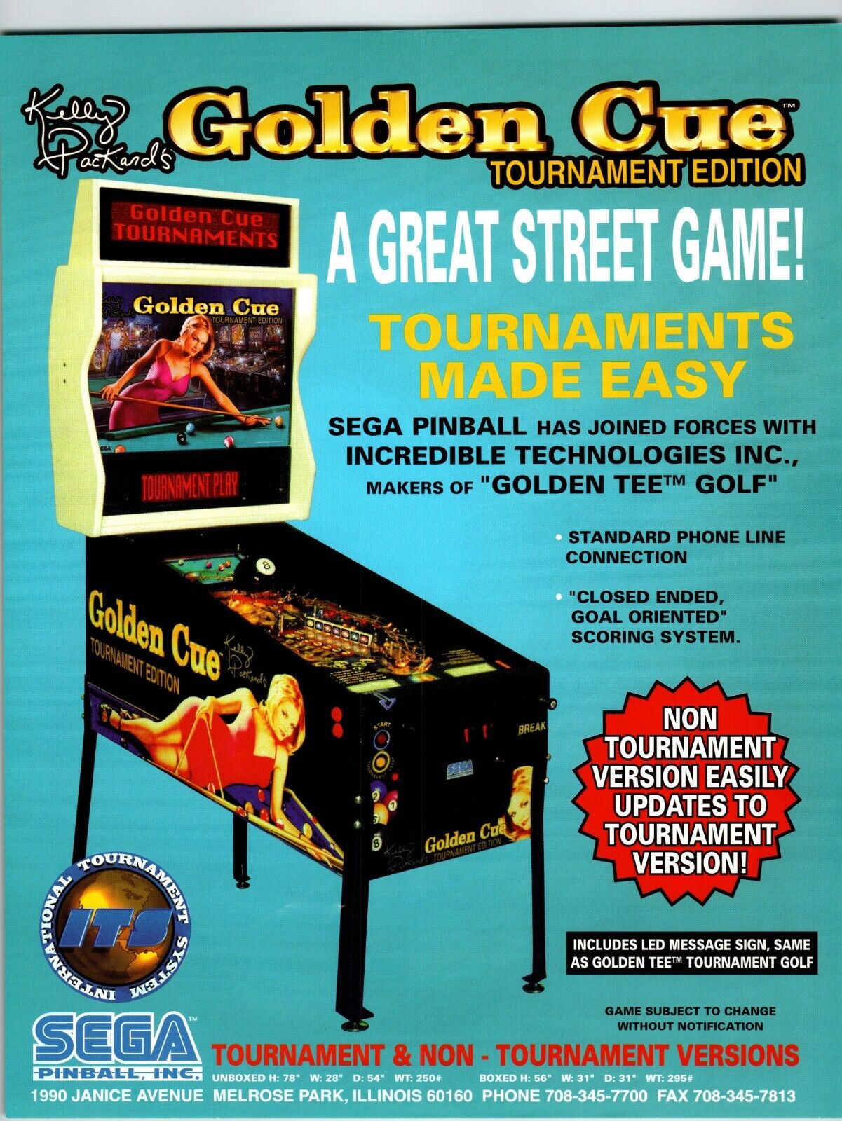 Kelly Packard Golden Cue Pinball Flyer Original Lady Pool Table Player ...