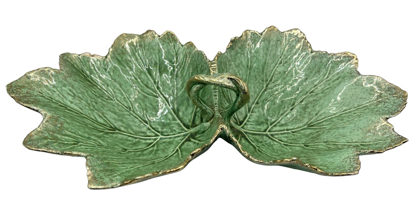 Mid Century California Pottery Leaf Serving Dish with Handle Green Gold