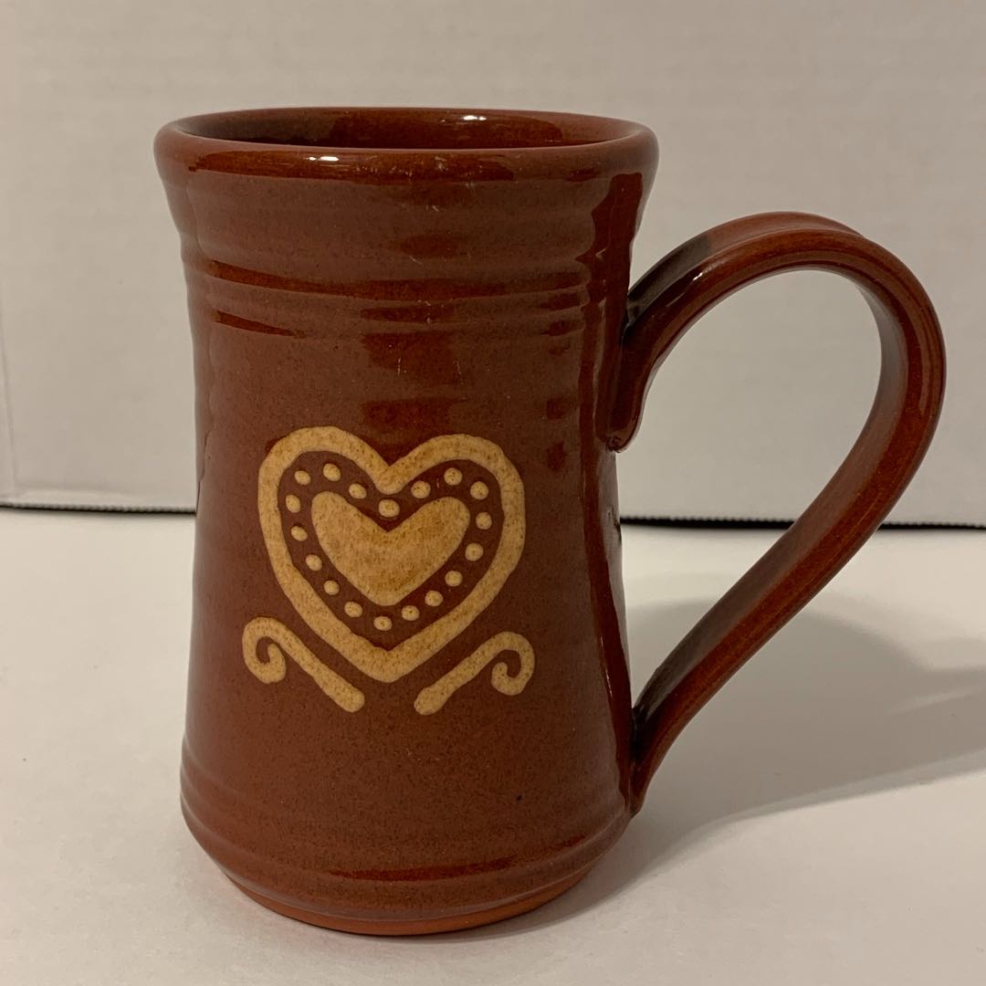 1986 Earthen Vessel Pottery Redware Folk Art Slip Decorated Heart Mug