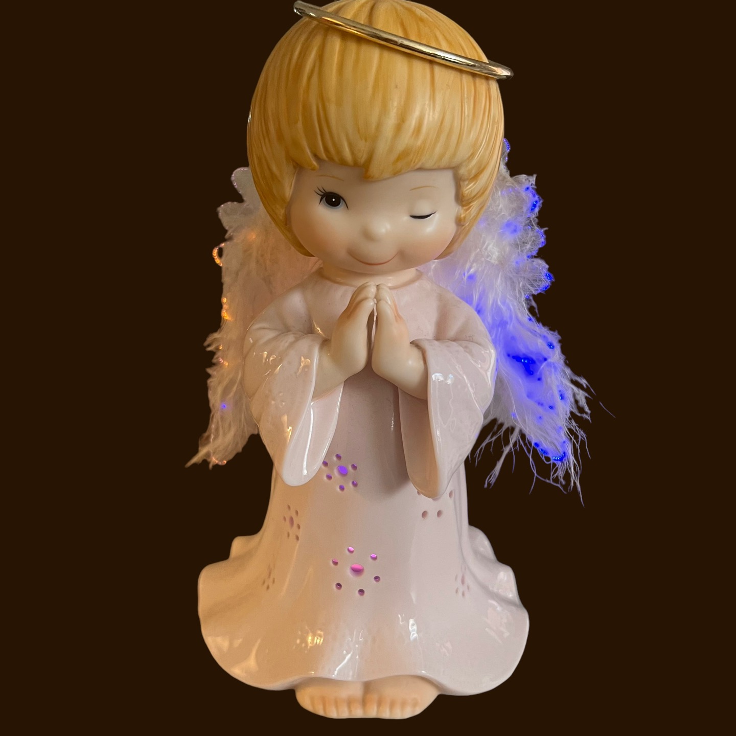 Vtg Fiber Optic Praying Peeking Winking Angel Pink Ceramic Blonde Hair ...