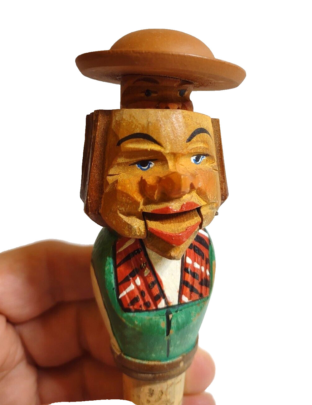 ANRI Mechanical Head Man Bottle Stopper Wood Hand Carved Puppet Barware ...