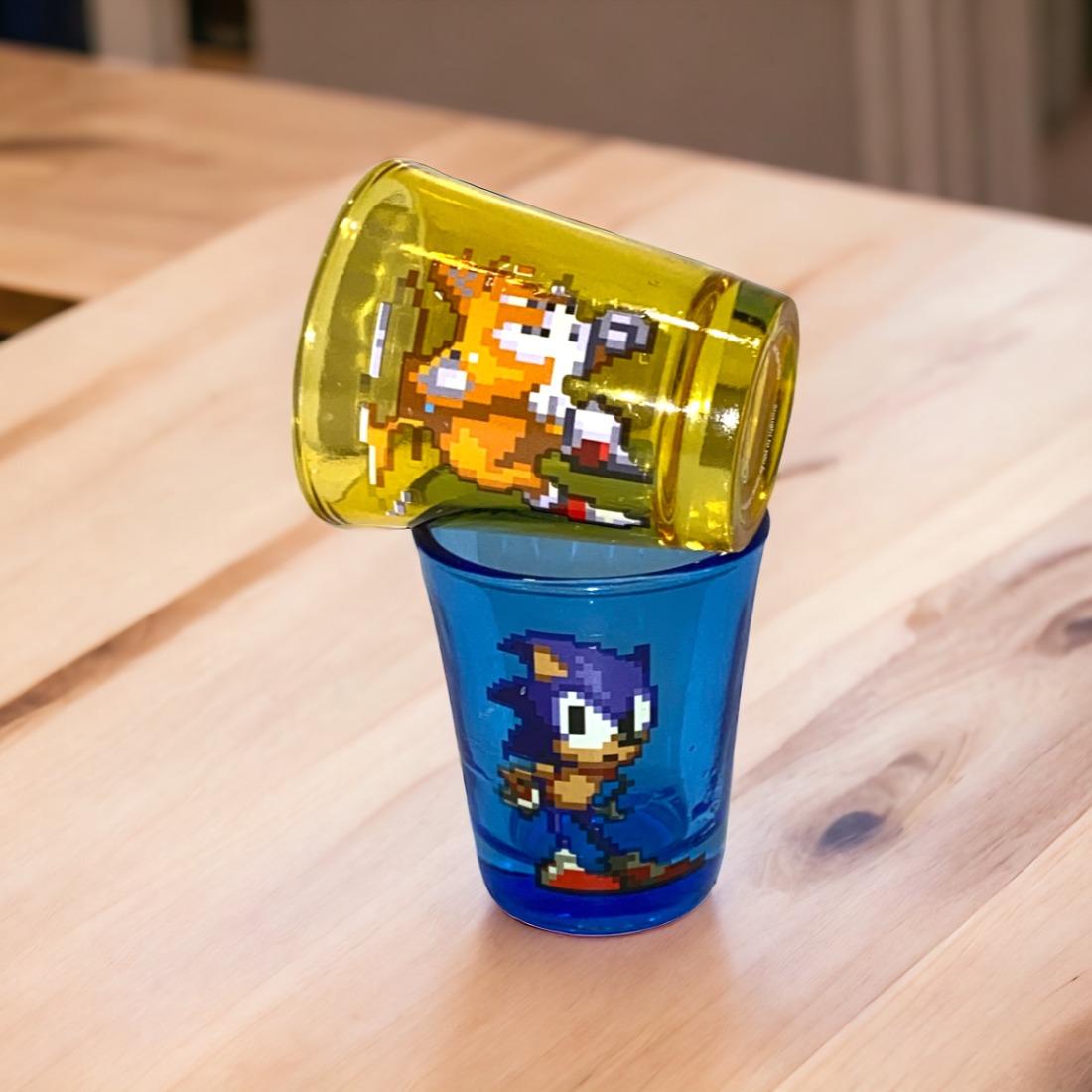 2 Collectible SEGA Sonic Hedgehog and Miles Tails Pixelated Shot Glasses