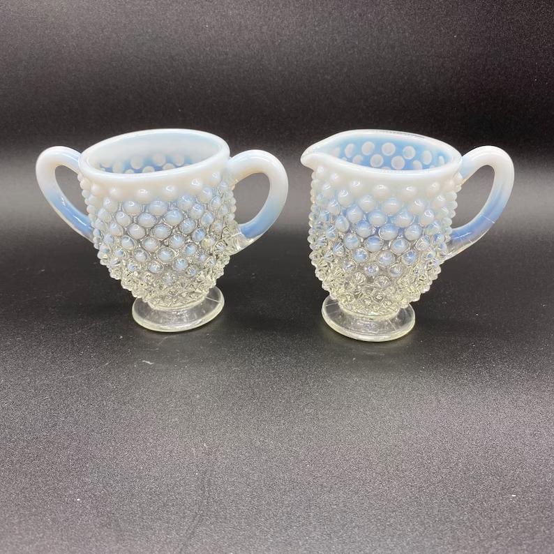 Vintage Fenton Opalescent Hobnail Creamer Sugar Set 1950s Blue White Clear