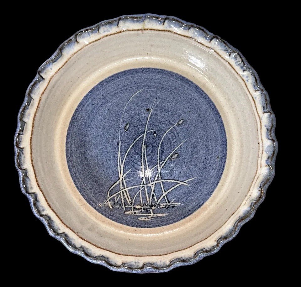 Baron Studio Art Pottery Handmade Deep Dish Pie Plate Blue & Cream With Cattails - 10”