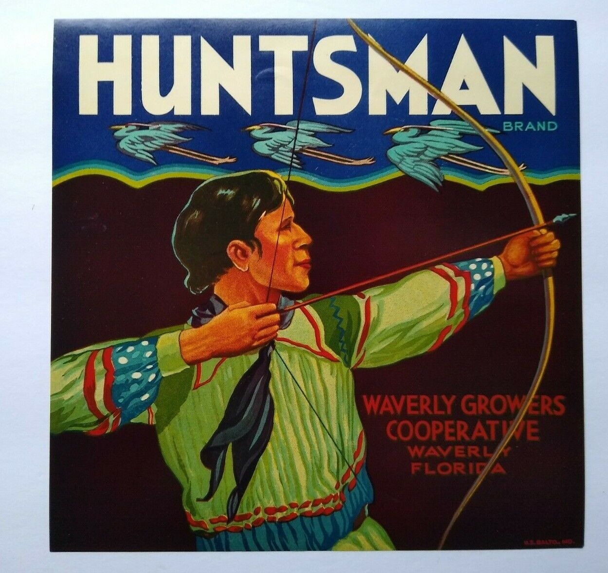 Huntsman Brand Fruit Crate Label Original 1940s Cranes Bow & Arrow ...