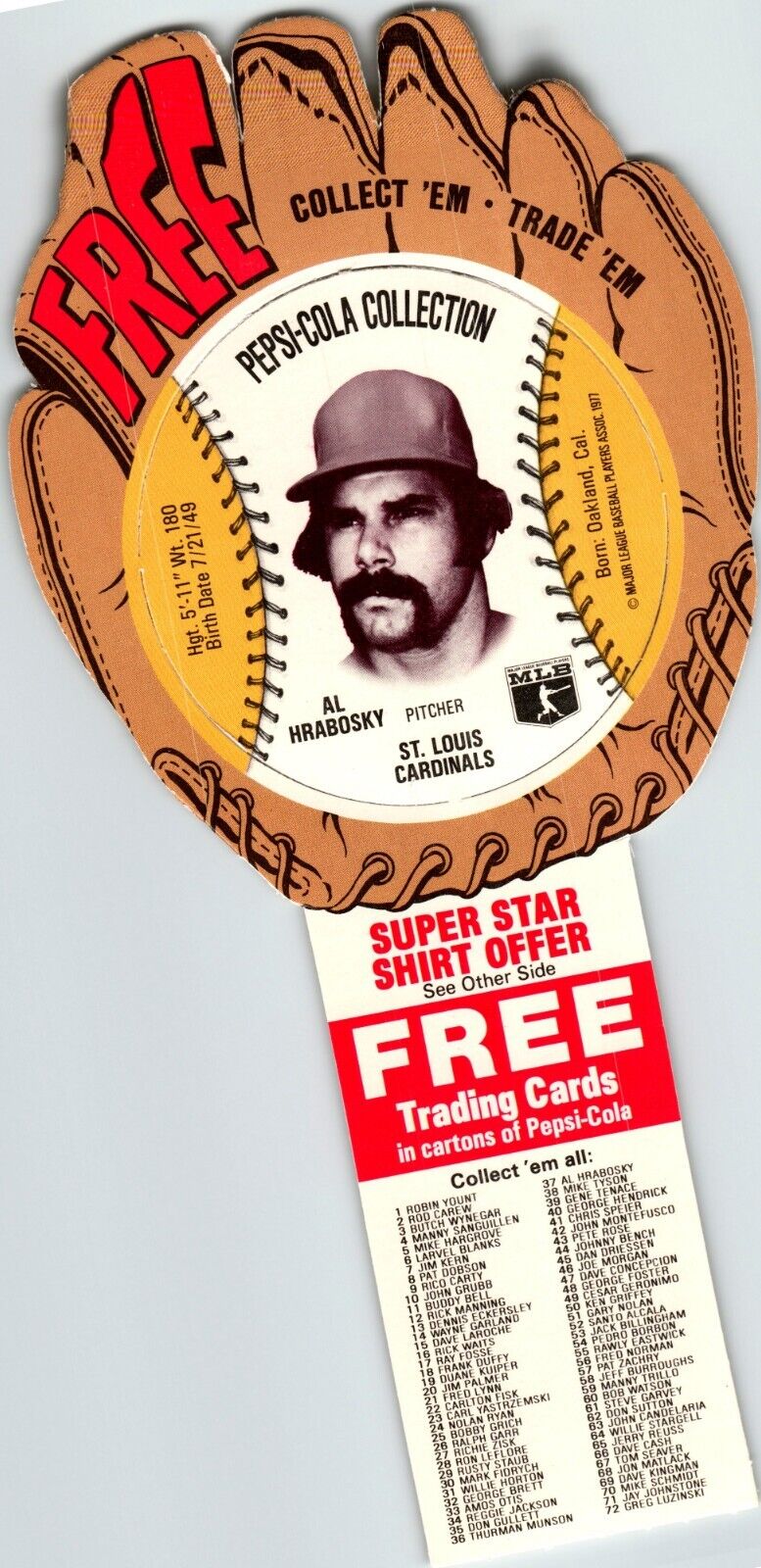 Pepsi-Cola Baseball Trading Card 1977 Al Hrabosky St. Louis Cardinals ...