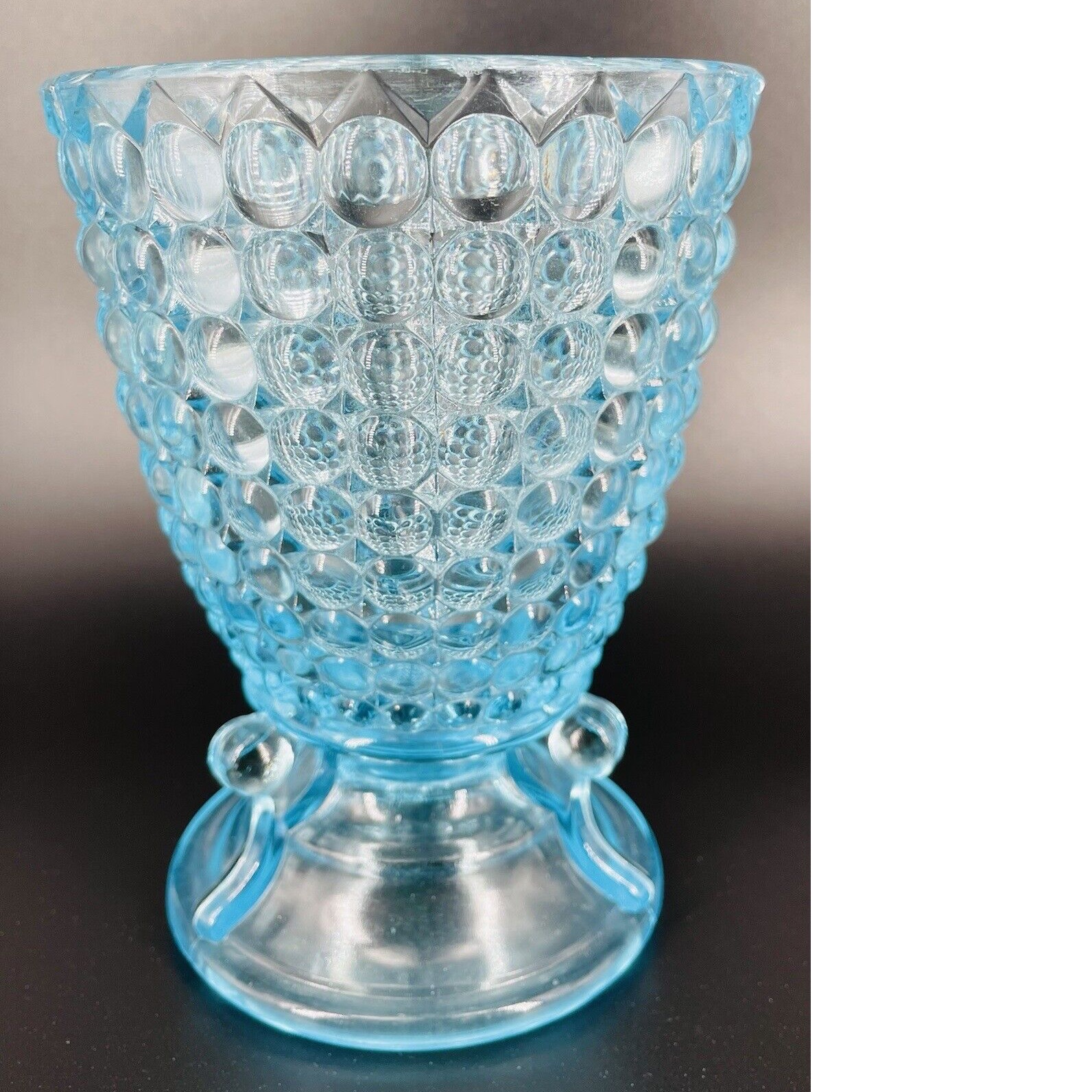 Antique EAPG Adams & Co Thousand Eye Footed Blue Glass Sugar Dish Vase
