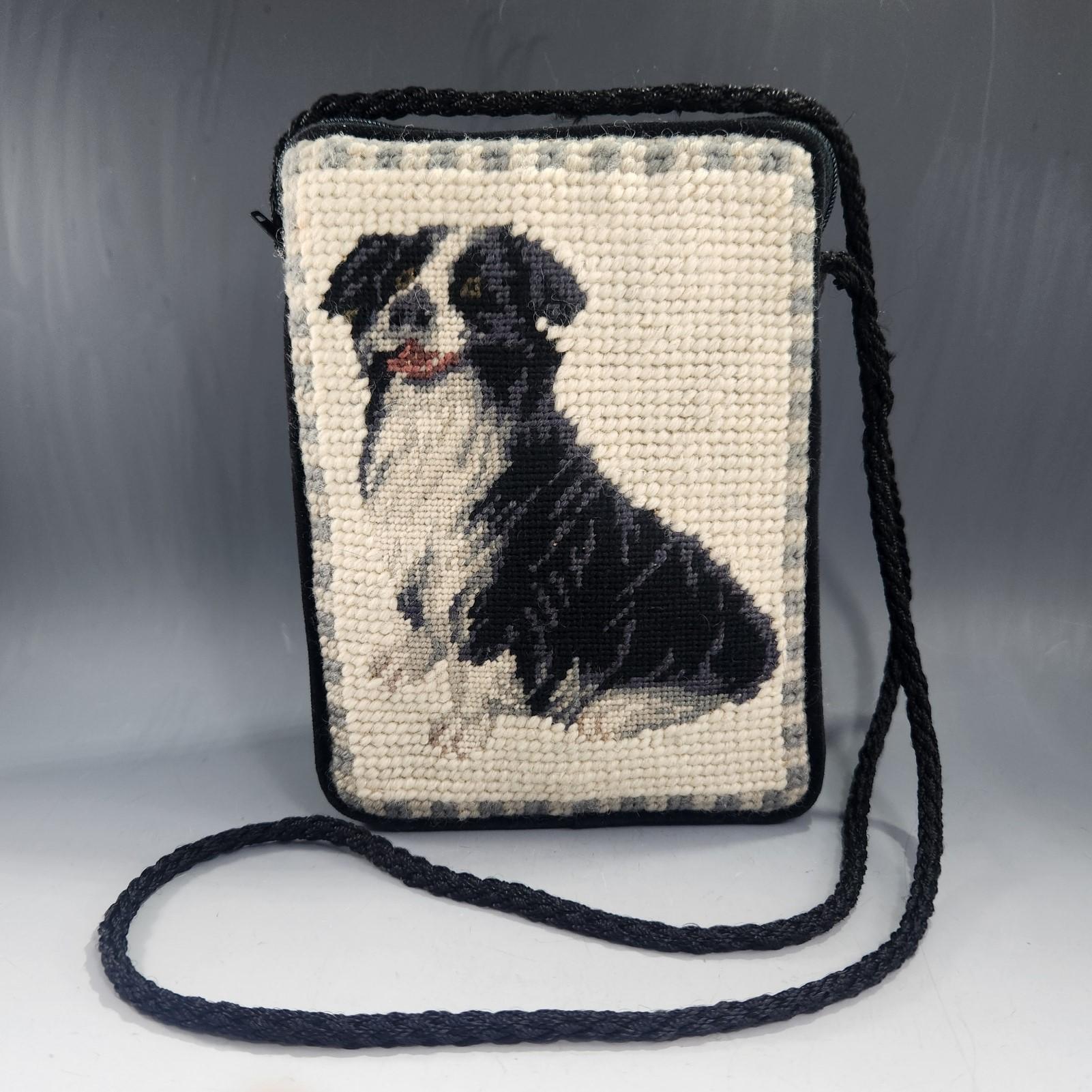 Needlepoint Purse Border Collie Sheltie Dog Velvet Back Wool Stitching ...