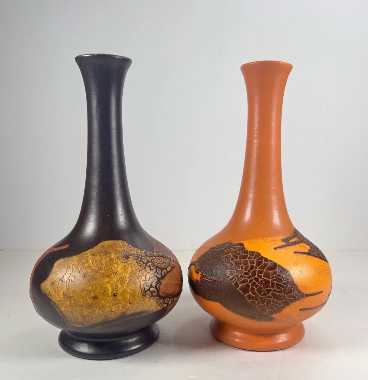 2 Haeger Art Pottery Earth Wrap Volcanic Lava Orange & Brown Peel Glaze ...