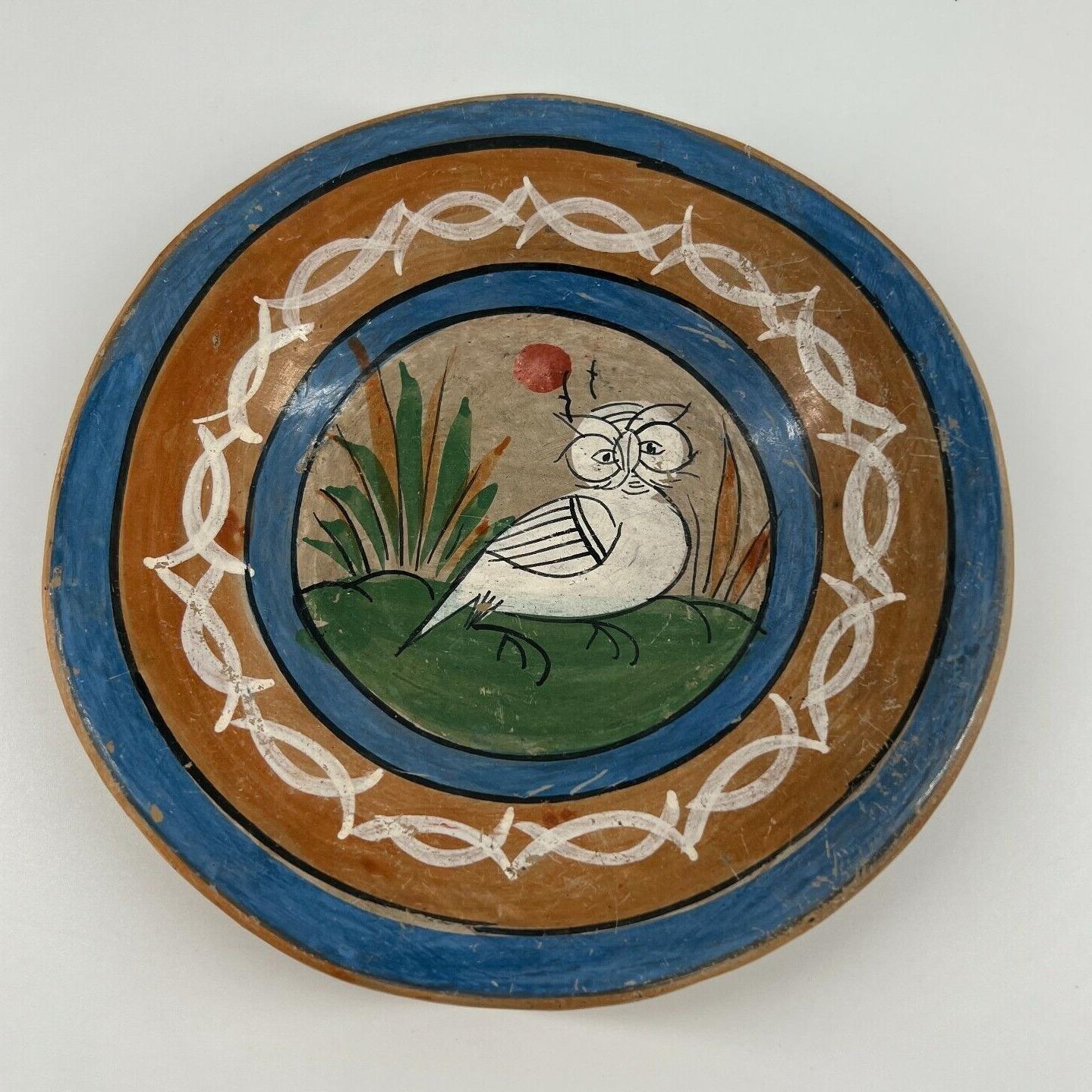 Decorative Hand Painted Folkart Mexican Pottery Owl Plate earth tones 6"