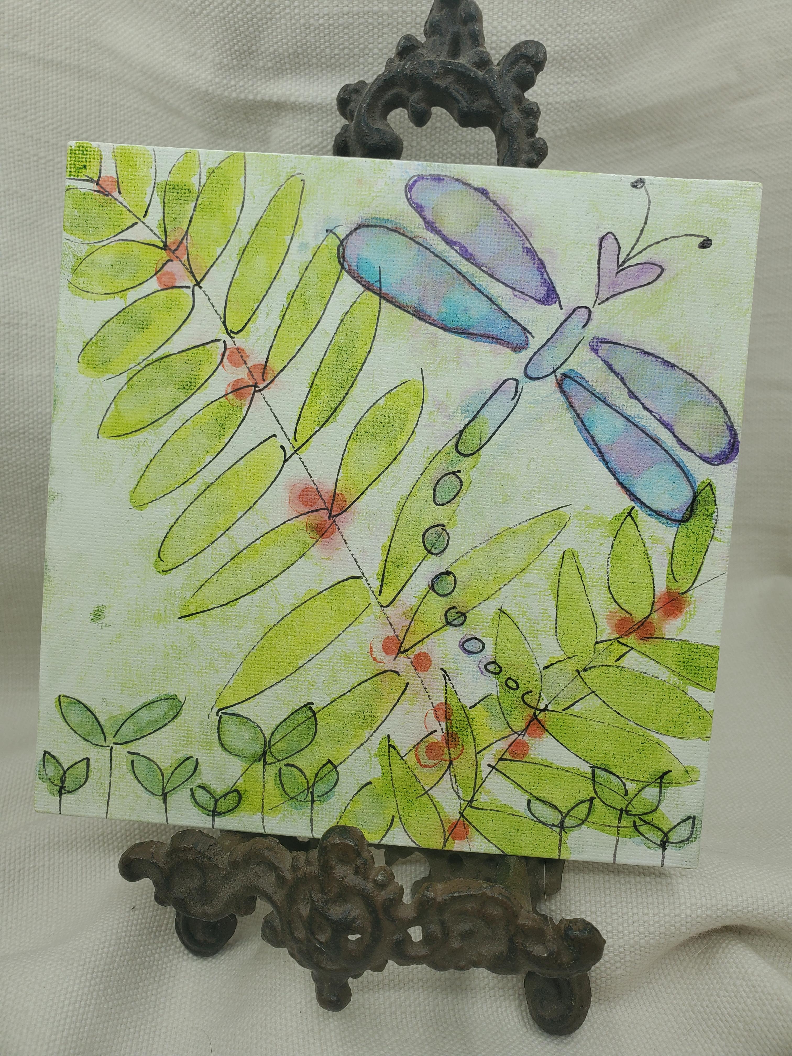 DRAGONFLY AND FERN Handpainted Whimsical Greenery With Dragon Fly 6" X ...