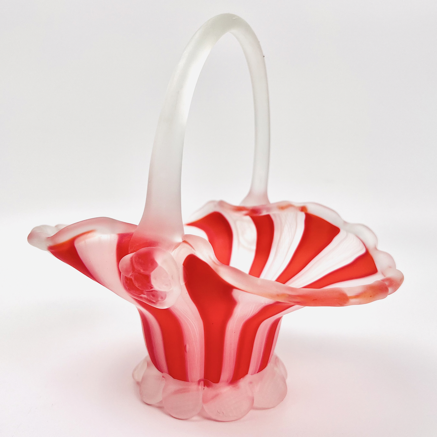 Vintage Italian Frosted Latticino Basket Red And White Stripes