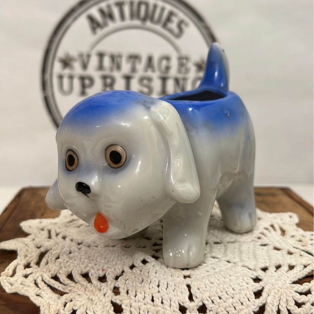 Vintage Blue Puppy Dog Ceramic Planter, Made In Japan Cute