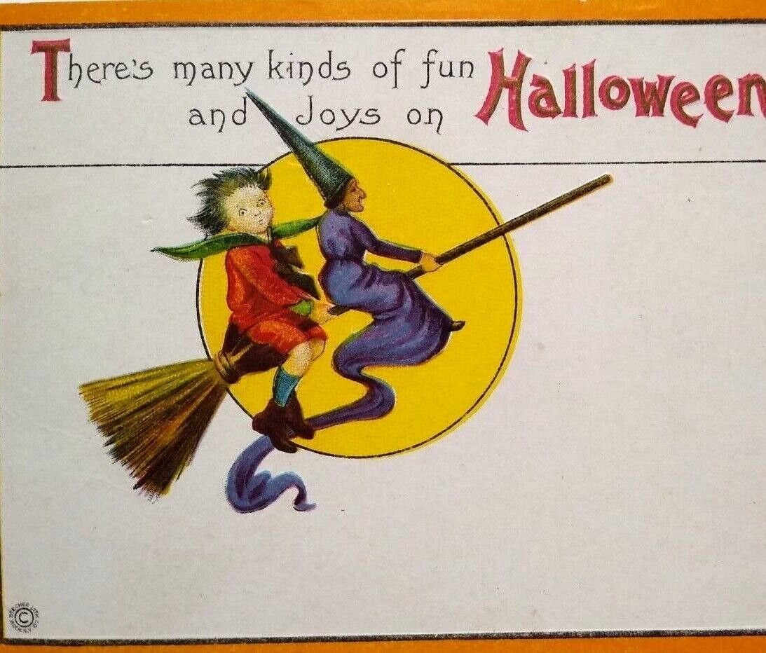 Halloween Postcard Witch And Child On Broom Full Moon Fantasy Stecher 63 C
