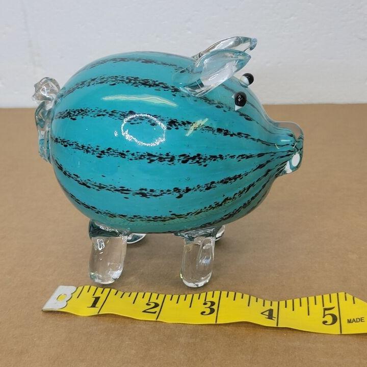 Stephanie Miron Mid-Century Venetian Glass Teal Pig Figurine