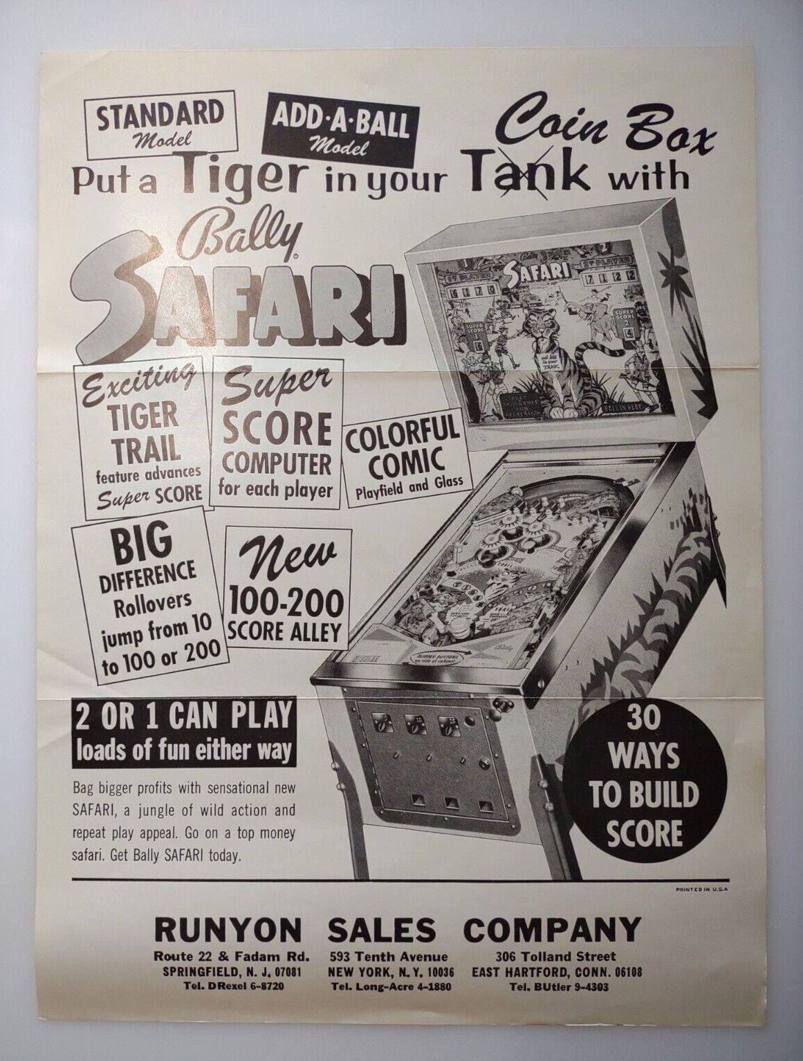 Safari Pinball Machine FLYER Original 1968 Vintage Coin-Op Amusement ...