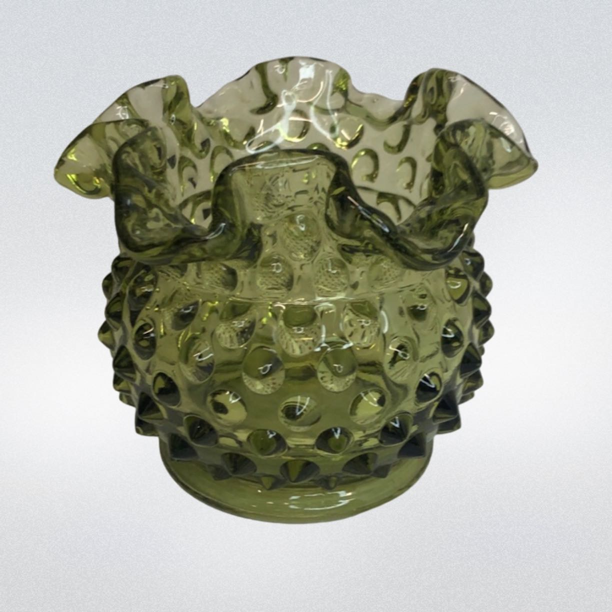 Vintage Fenton Green Ruffled Edge Hobnail Glass Vase