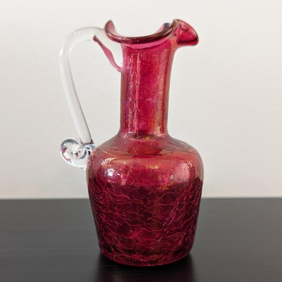 Vintage Red Crackle Glass Hand Blown Fluted Edge Pitcher Applied Clear ...