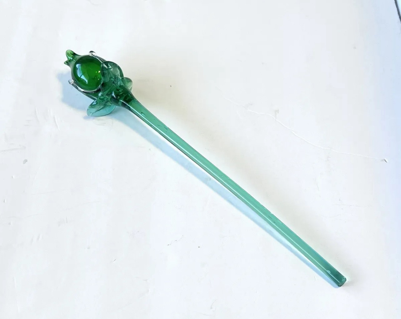 Art Glass Long Stem 14 inch Flower Green Rose Bud Flower Murano Style