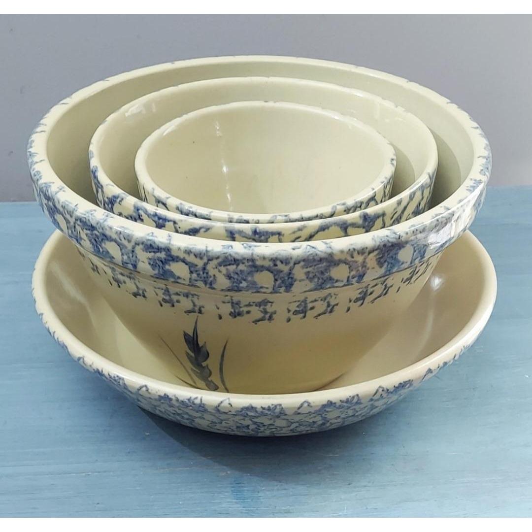 Vintage Roseville Pottery Spongeware Nesting Bowls with Pasta Bowl