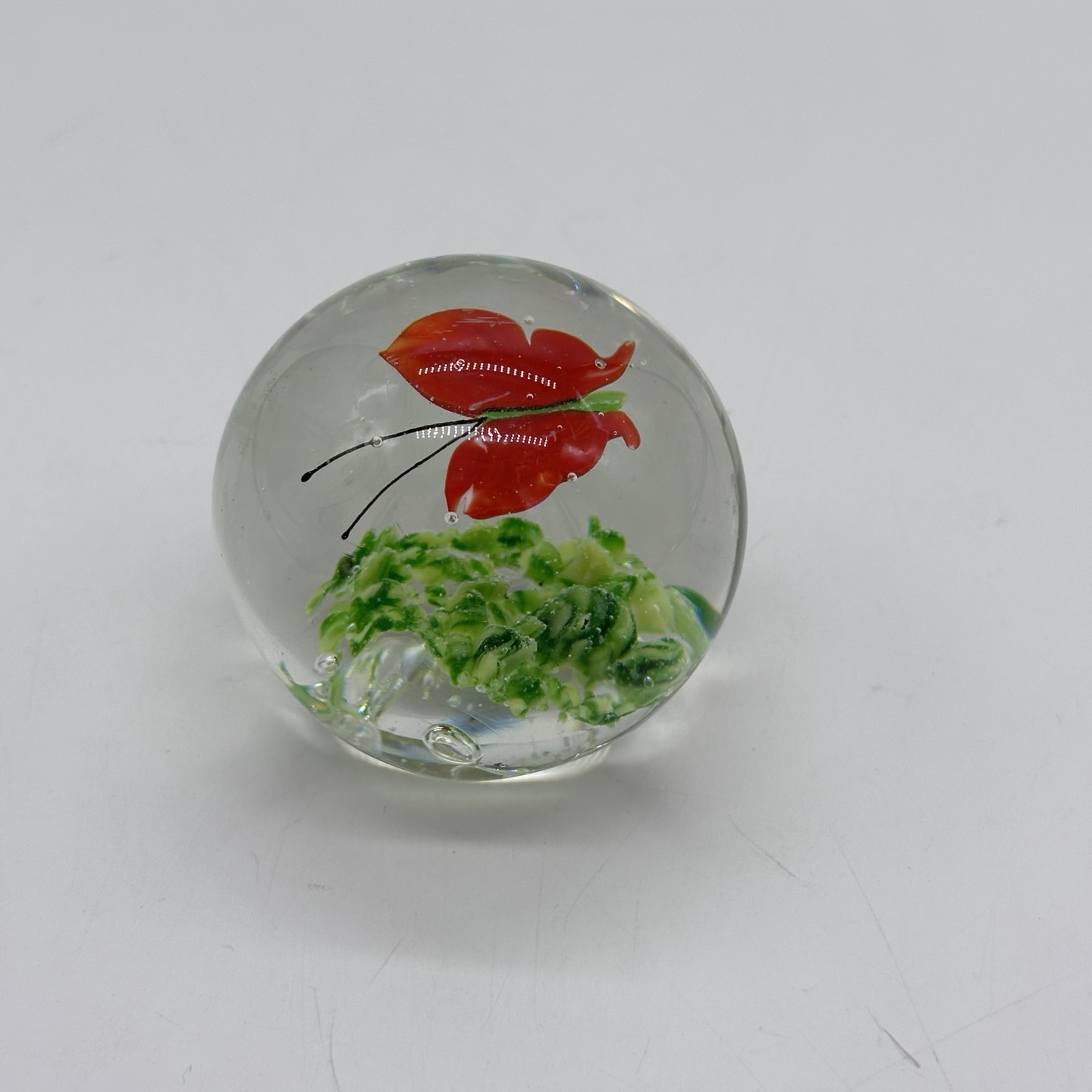 Art Glass Round Small Paperweight With Red Butterfly And Grass