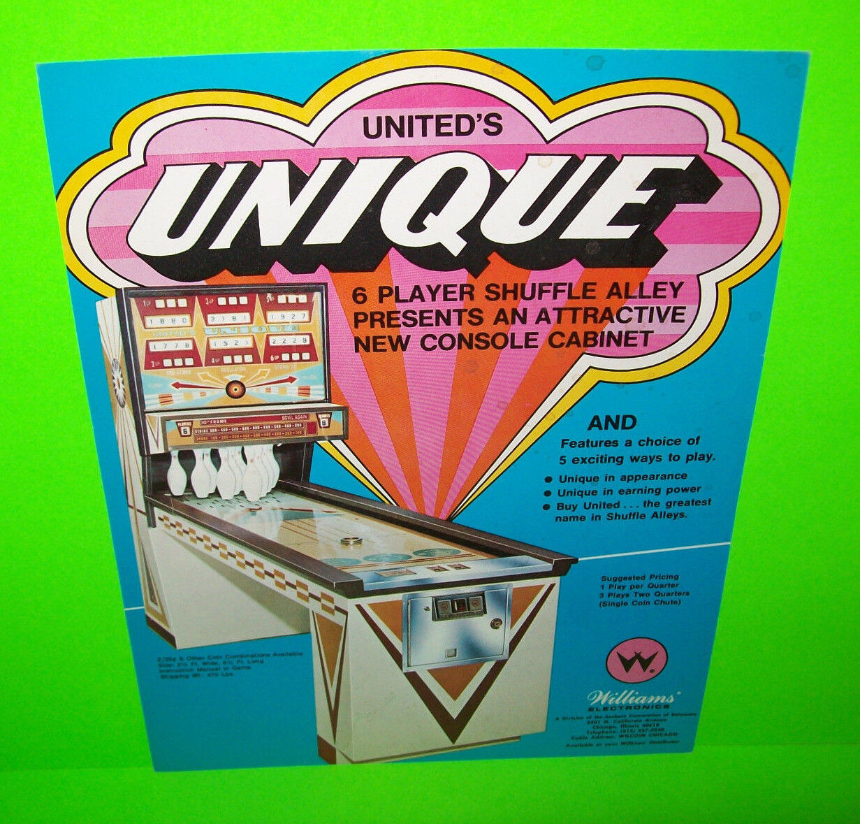 UNIQUE 1975 ORIGINAL ARCADE GAME SHUFFLE ALLEY BOWLING ALLEY FLYER ...