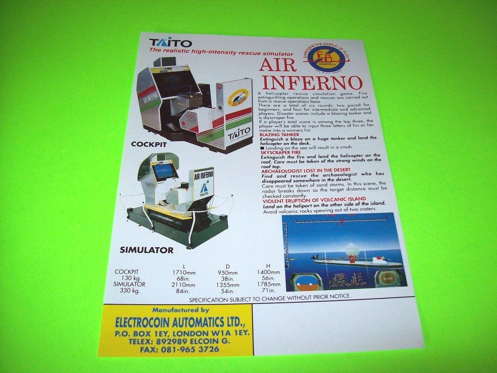 AIR INFERNO Original NOS 1990 Video Arcade Game Flyer Electrocoin Rare