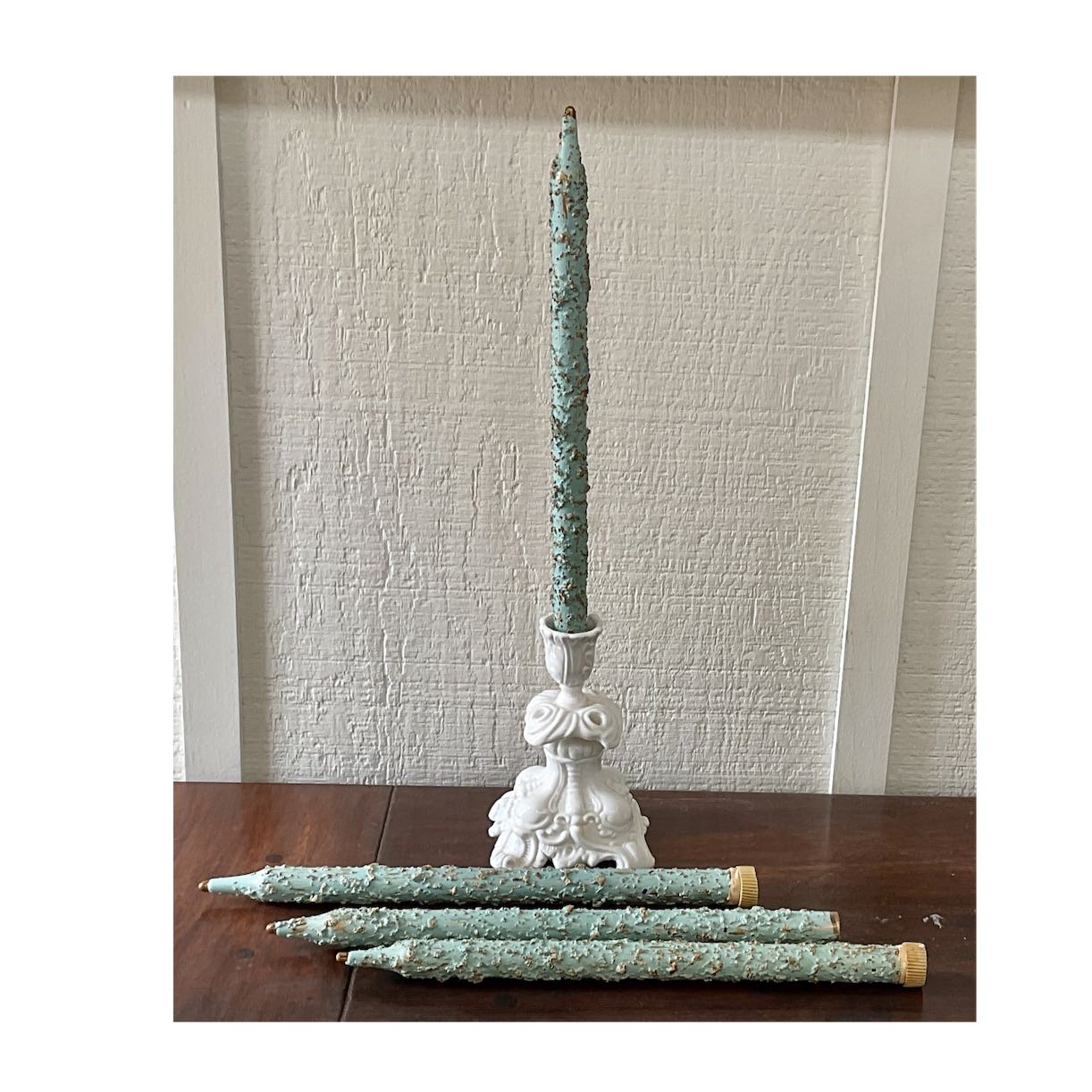 Set Of 4 MCM Mercury Glass Faux Candles Robin Egg Blue Textured