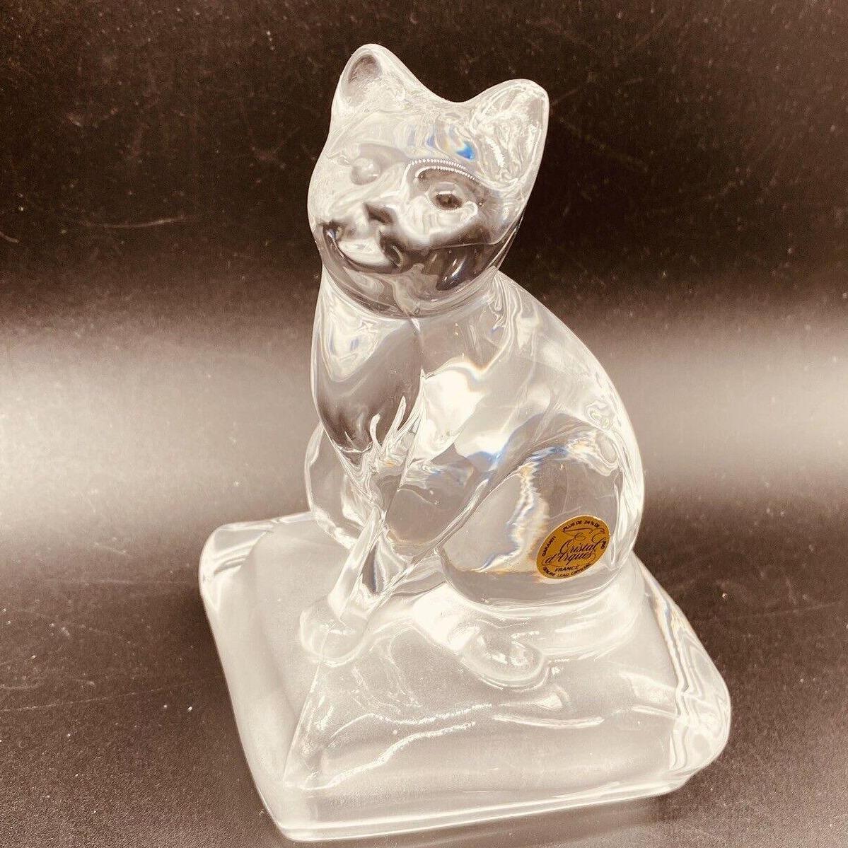 Vintage Cristal d'Arques France Glass Cat on Frosted Glass Pillow