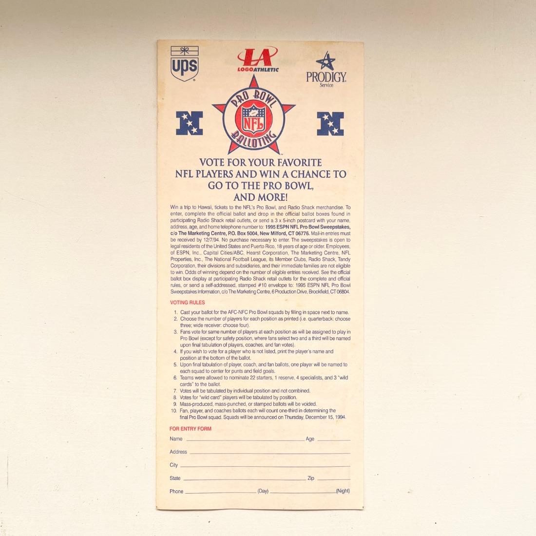 1995 NFL Pro Bowl Football Voting Ballot Unused