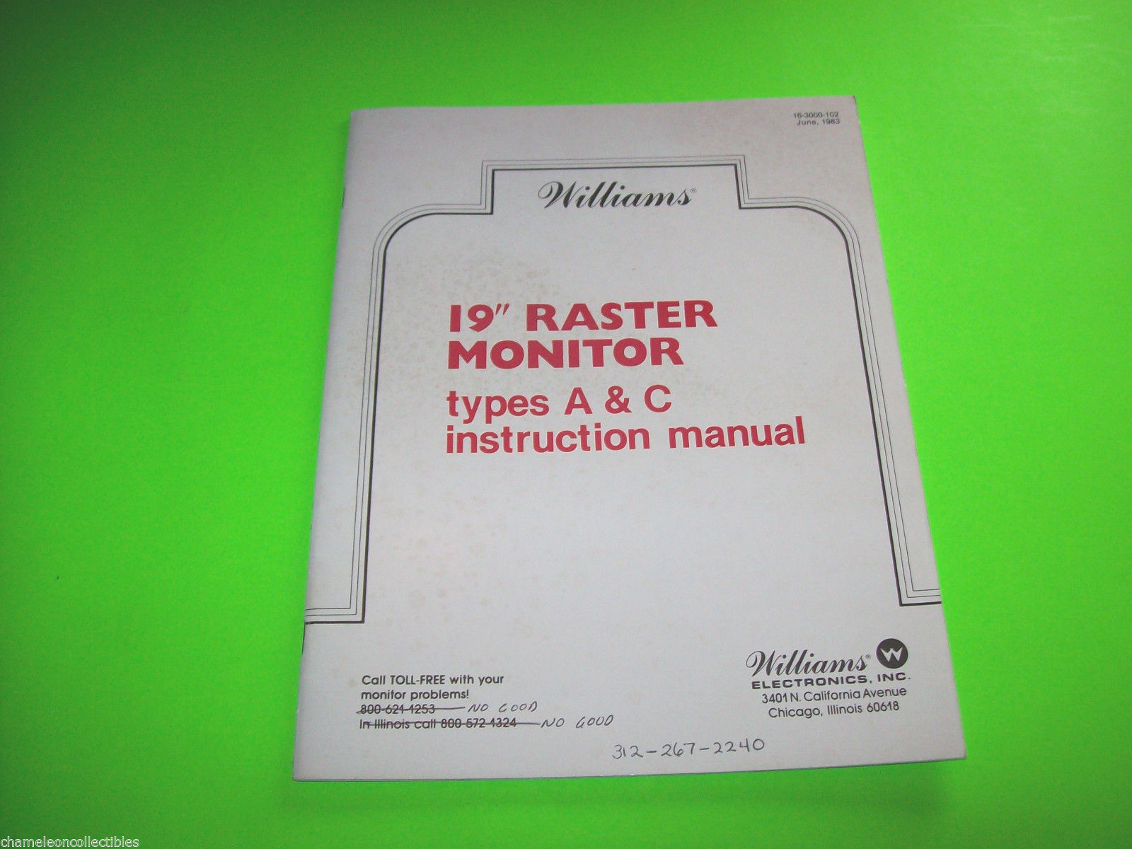 1983 WILLIAMS 19" RASTER MONITOR TYPES A & C ORIGINAL VIDEO Service MANUAL