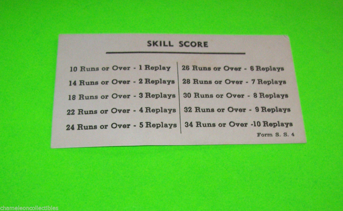 SKILL SCORE ORIGINAL 1950s-1960s VINTAGE ARCADE GAME REPLAY CARD #2
