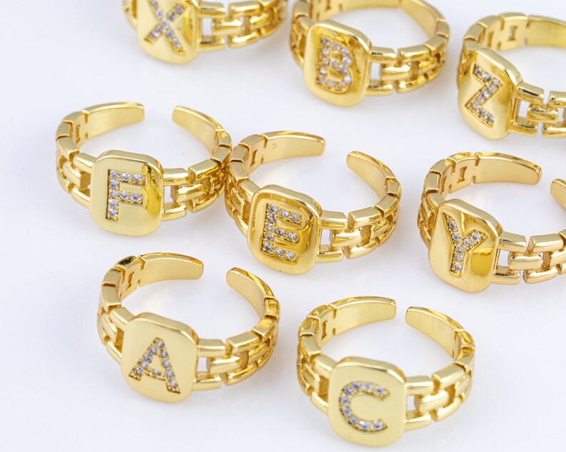 Cz Initial Gold Ring Alphabet Ring Gold Stacking Ring Adjustable Ring Letter Ring Vintage Gold ...