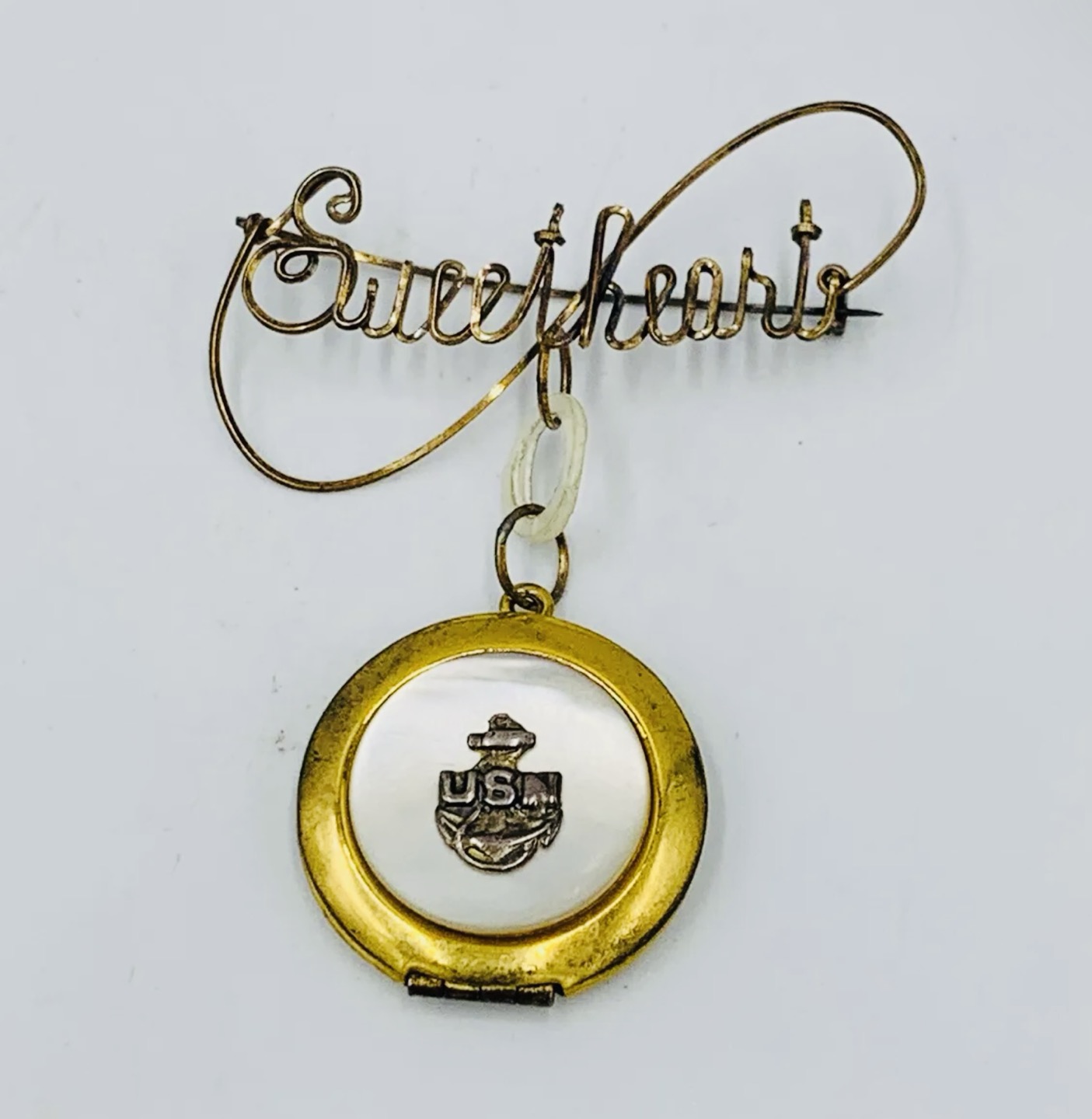 WW2 Sweetheart USN Locket Pin Pendant Broach US Navy Patriotic Love