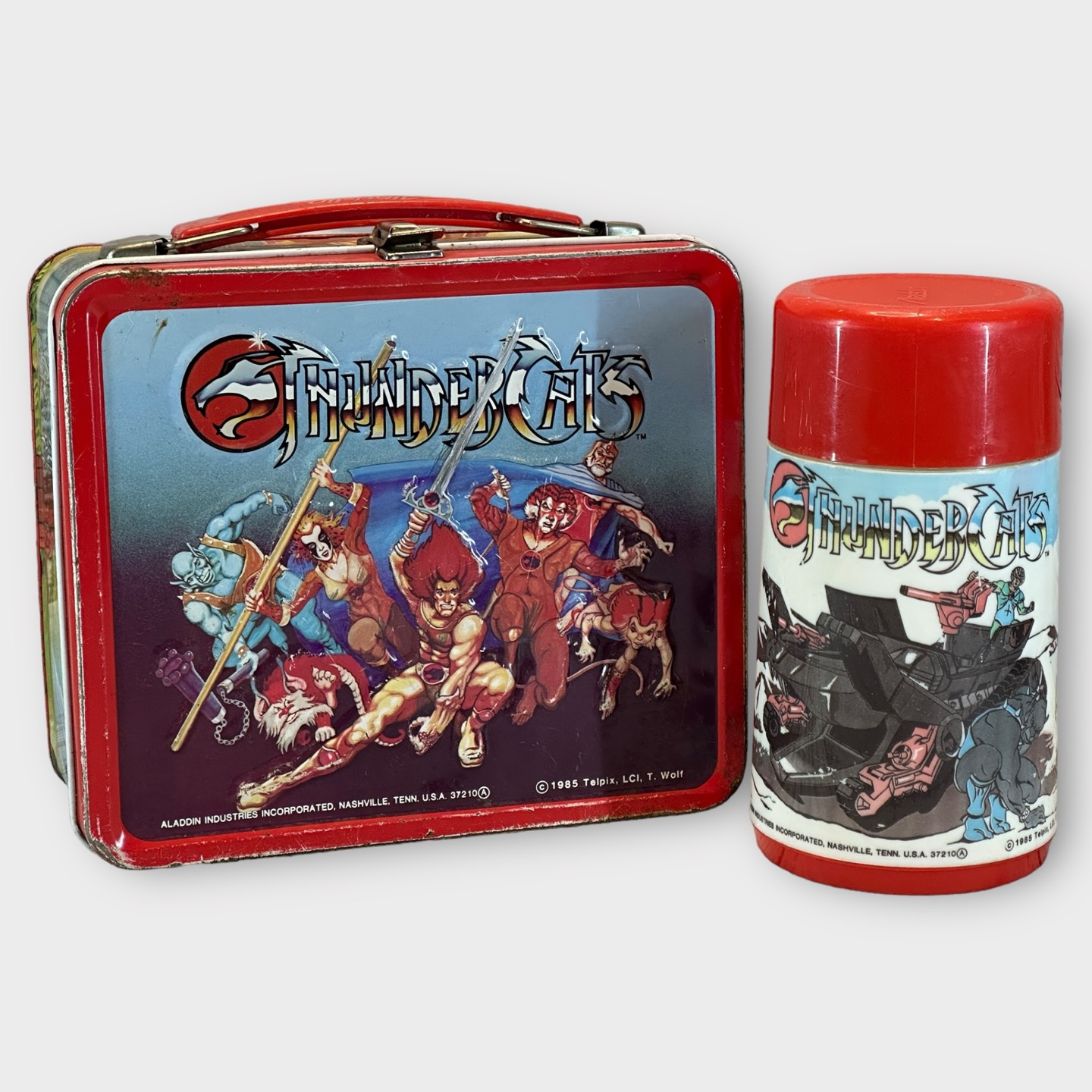 Vintage 1985 Thundercats Metal Lunch Box & Thermos Aladdin Telepix Lion-O