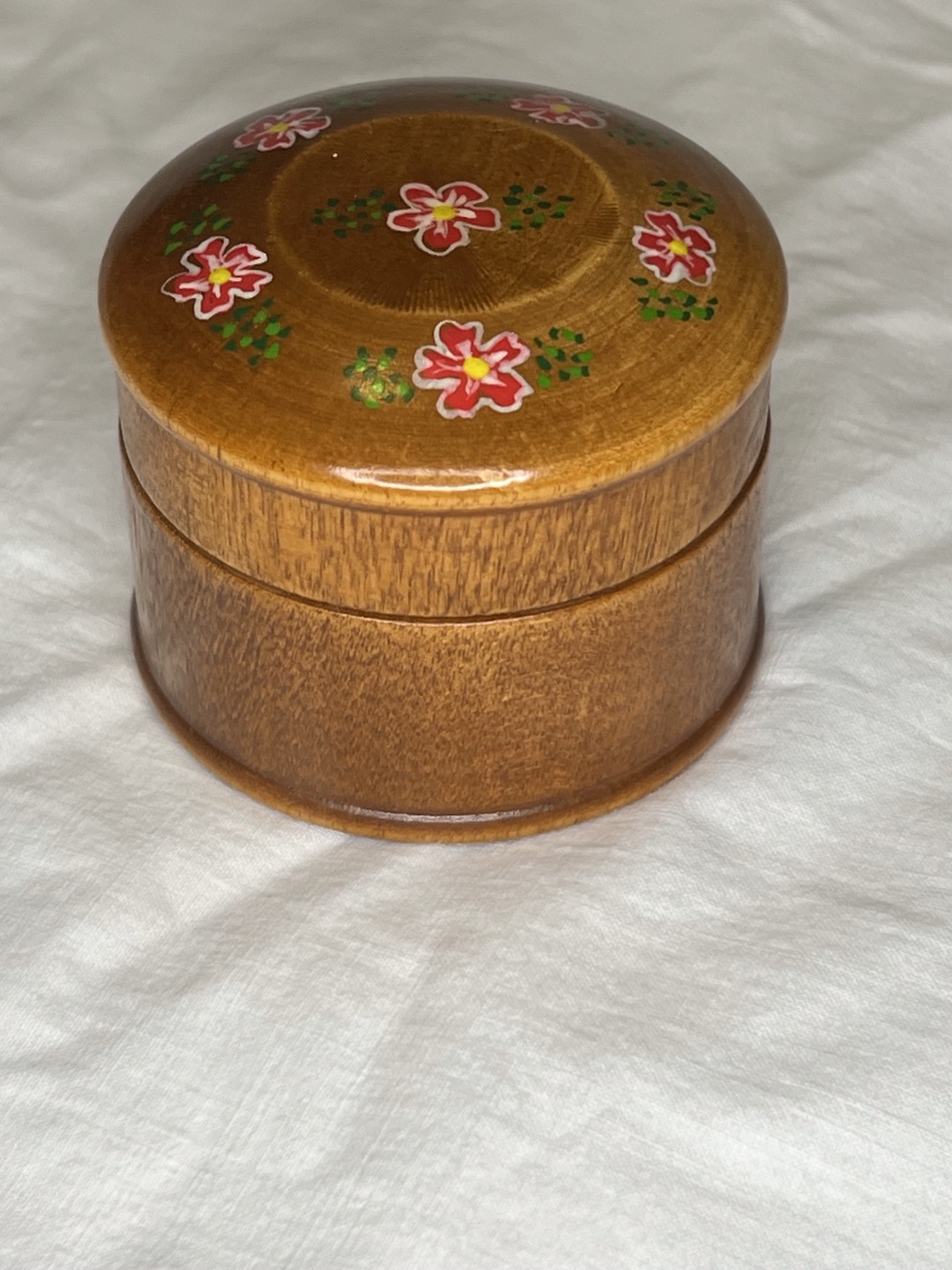 Vintage Round Wood Trinket Box with Painted Flowers