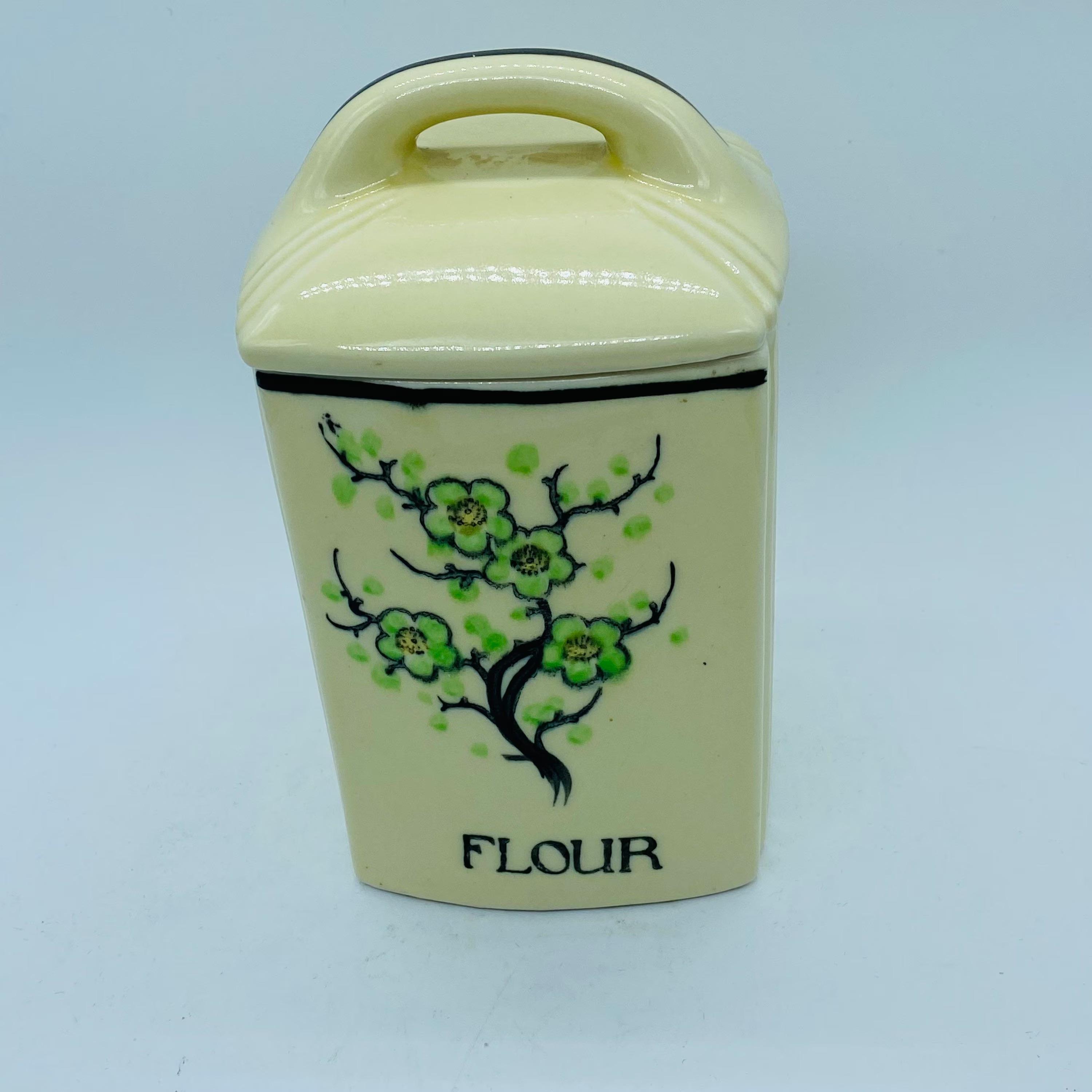 Art Deco Ceramic Flour Canister Japan Cream with Green Floral Moriyama