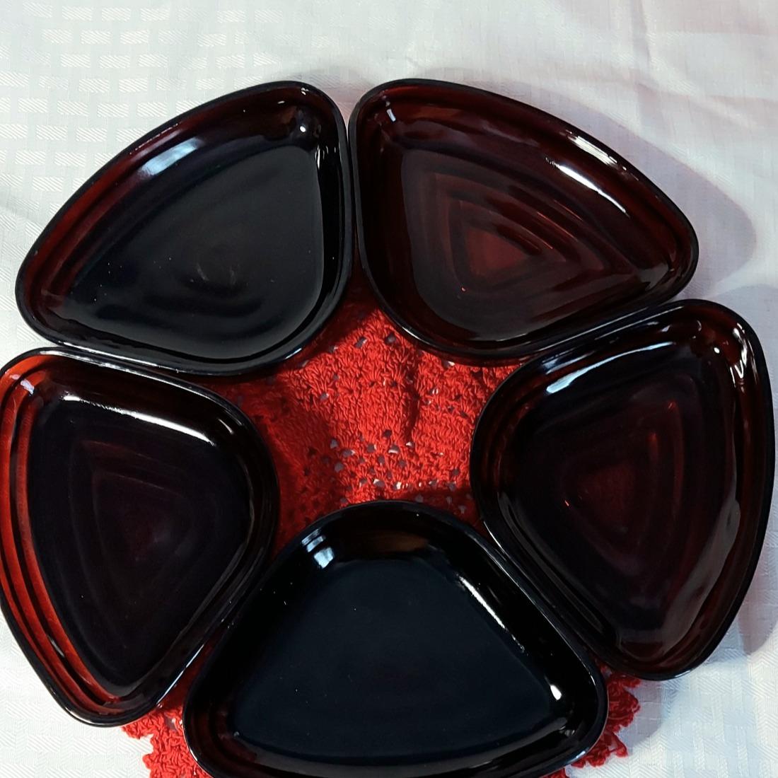 Ruby Red Glass 5pc Anchor Hocking Manhattan Relish Tray Inserts MCM Design