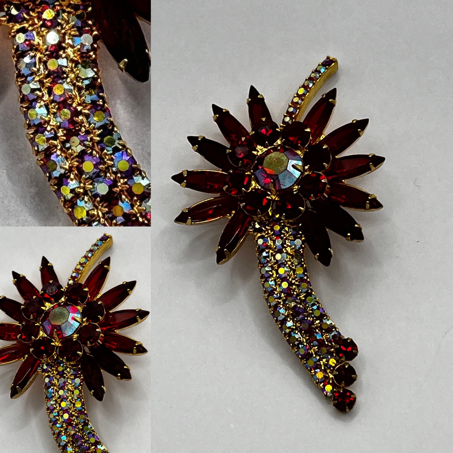 Verified Book Piece Juliana Red And Pink AB Floral Brooch Navette