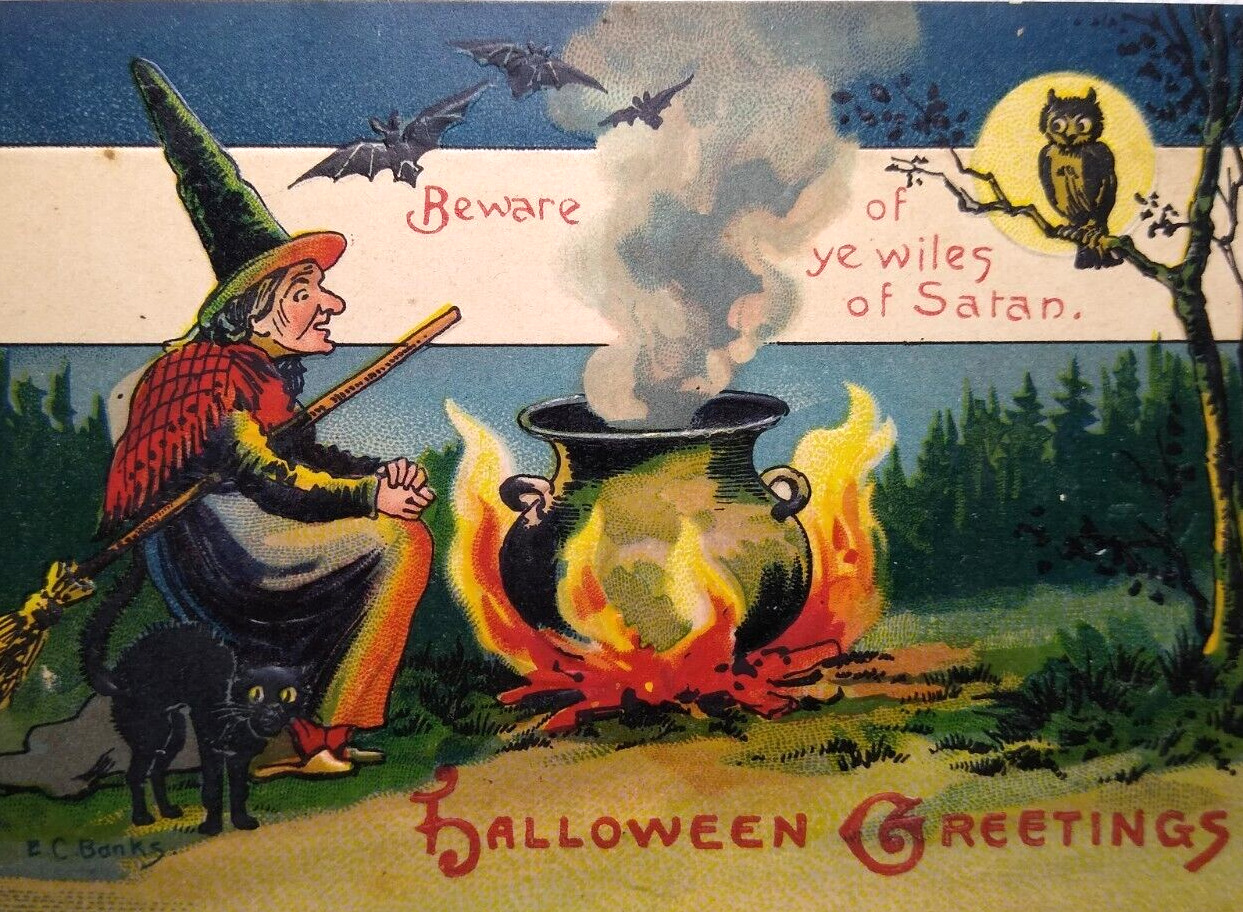 Halloween Postcard Beware Of Satan Witch Black Cat Owl Bats Fantasy ...