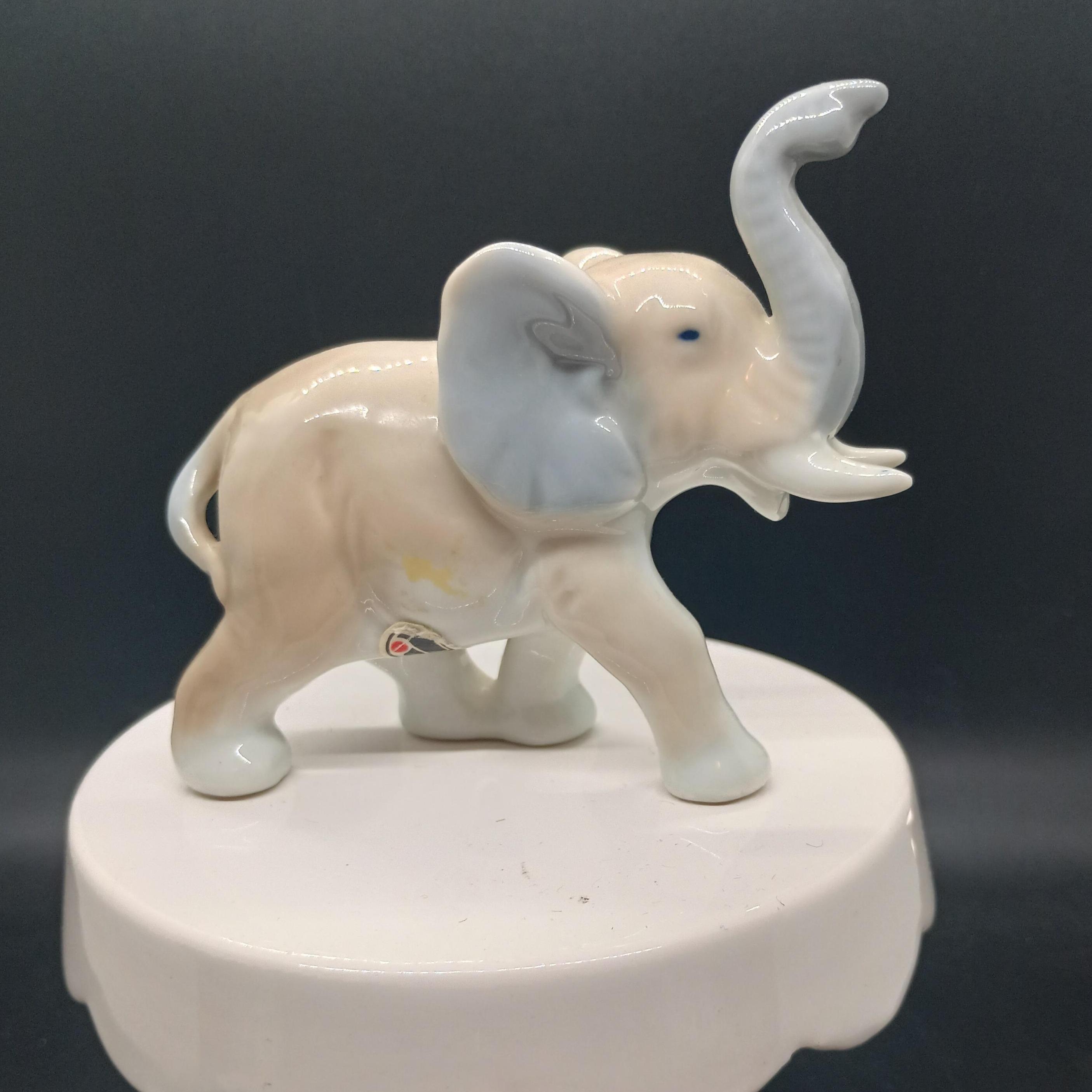 Vintage Asahi Japan Elephant Figurine Trunk Up Original Label