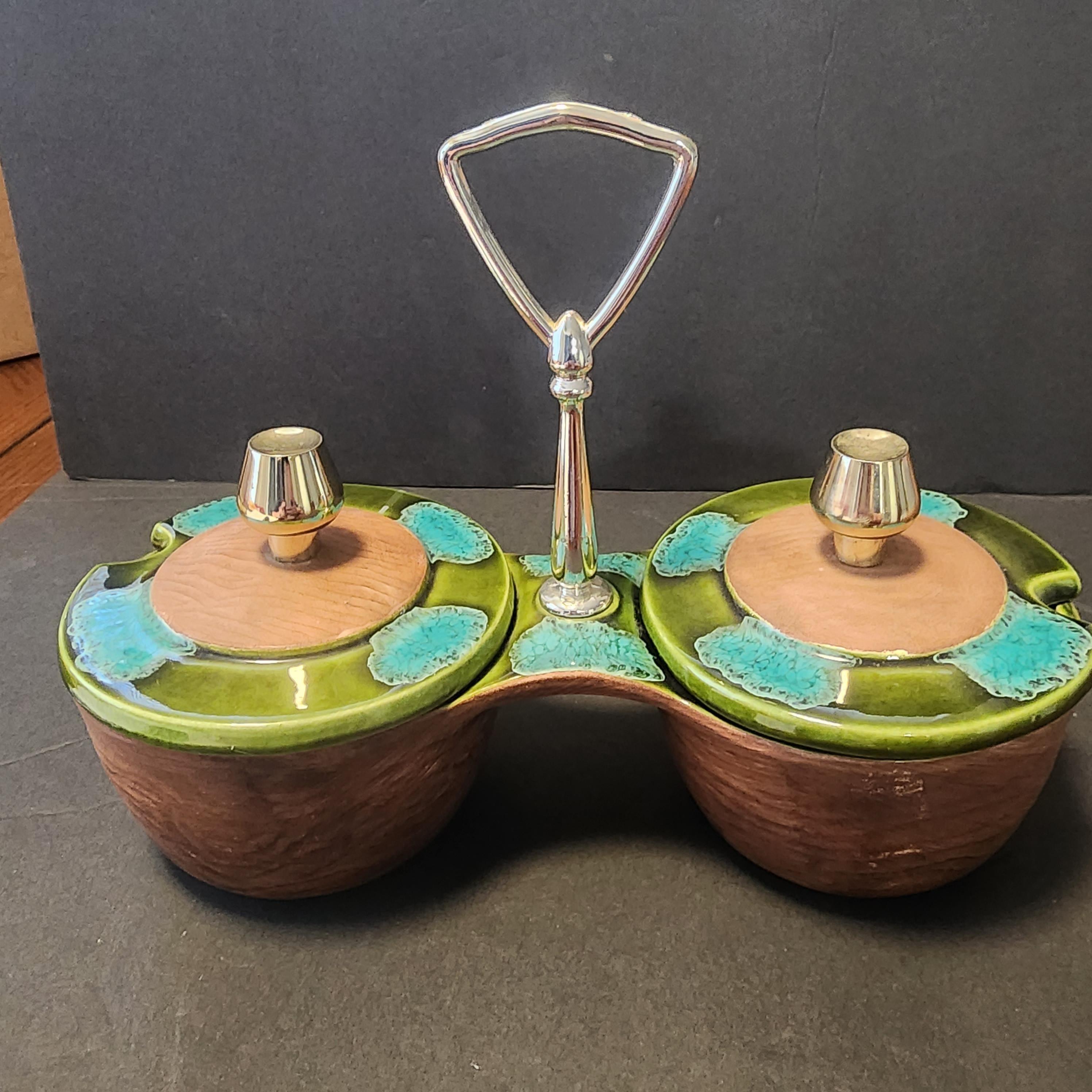 Mid-Century Modern Dual Condiment Server with Wooden Lids Sequoia Pottery