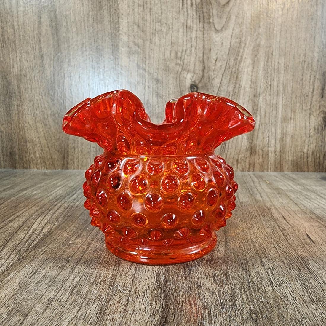 Fenton Orange/Amberina Crimped Edge Hobnail Vase/Bowl