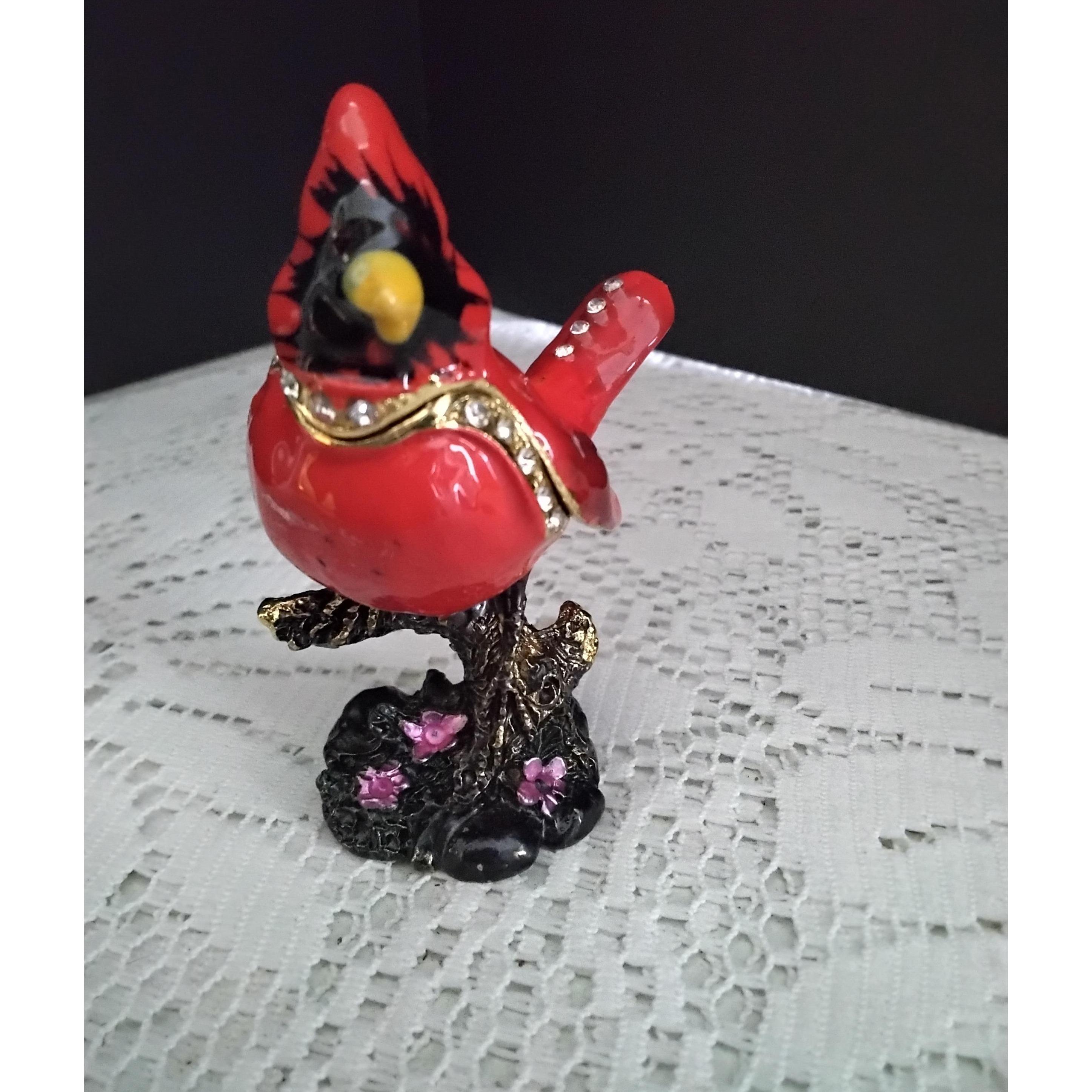 Enameled Red Bird/Cardinal Jewelry/Pill Trinket Box
