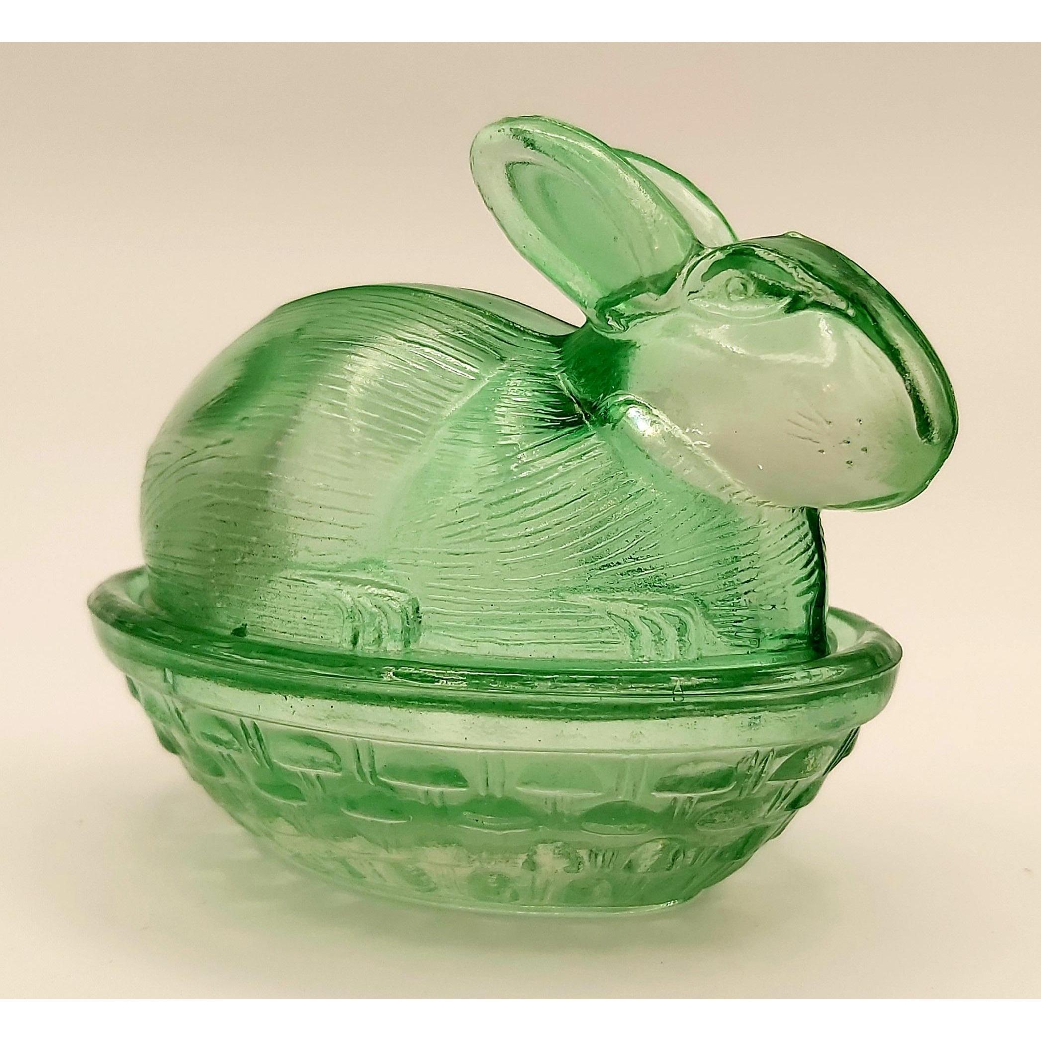 Vintage Green Bunny Rabbit Covered Candy Trinket Dish
