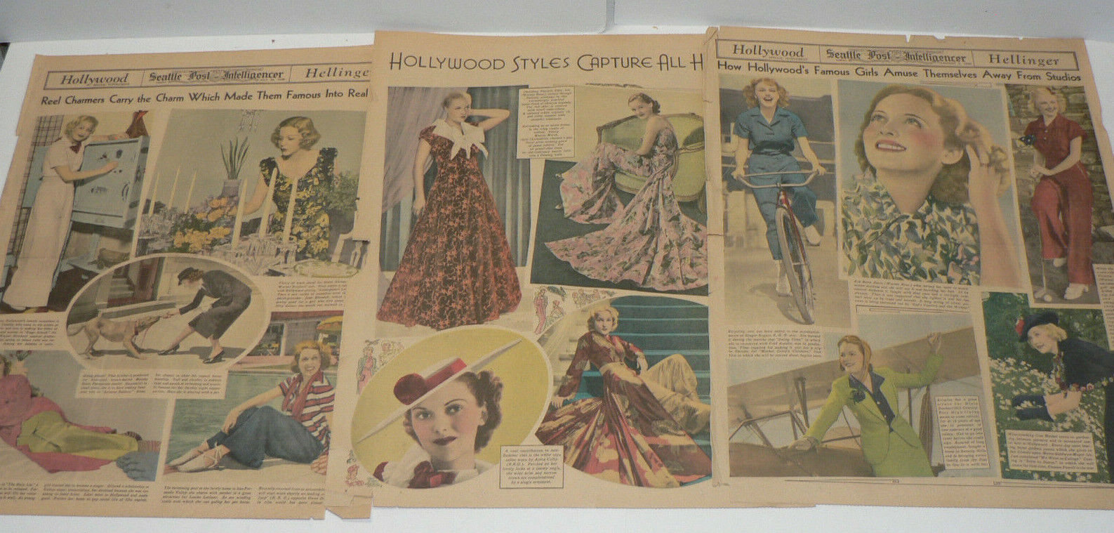 1936 Hollywood Actresses Fashion, Original Color Newspaper Pages, Lot of 3