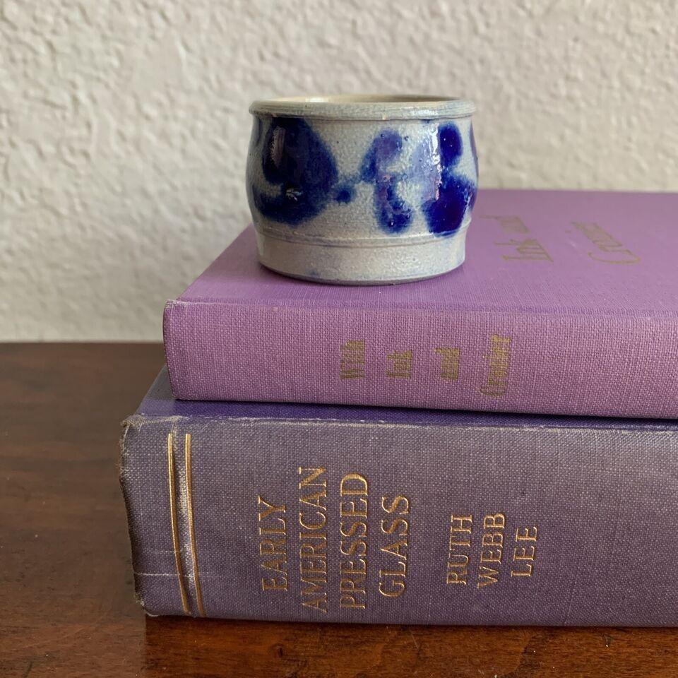 Vintage Flow Blue Salt Glazed Pottery Mini Crock Salt Cellar